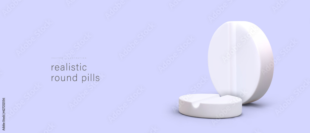 3d realistic white round pill. Medical web poster with place for text ...