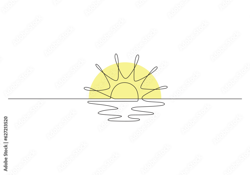 One continuous line drawing of sunny ocean view. Hot temperature and ...