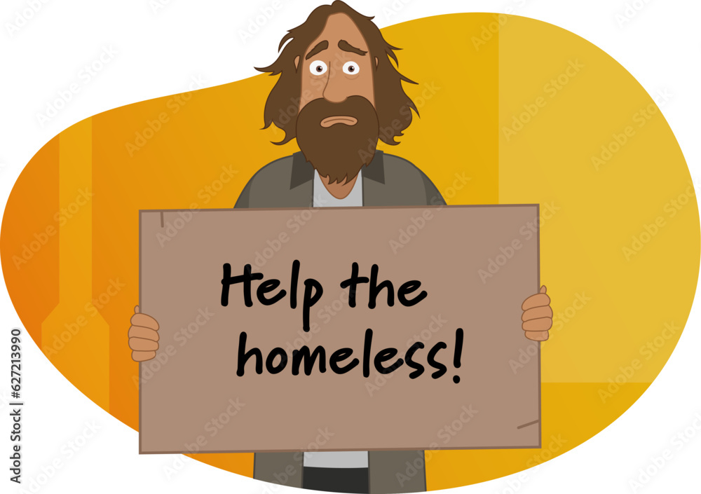 Illustration of homeless man with sign asking for help. Easy to edit ...