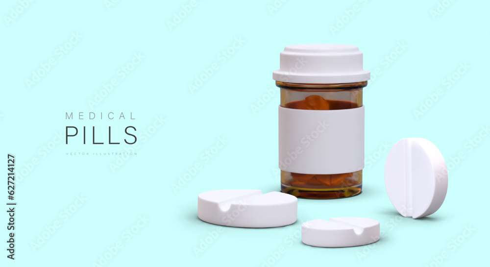 3d realistic jar with pills. Medical poster, advertising campaign for ...