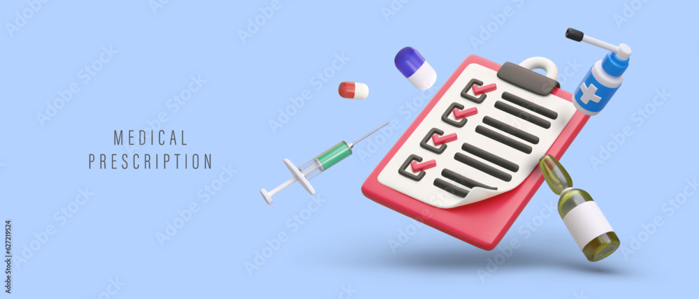 List of medical prescriptions. Realistic pills, capsules, filled ...