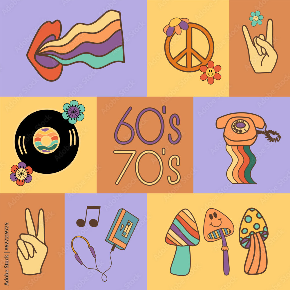 Pre-made poster with retro elements, vector set with groovy symbols ...