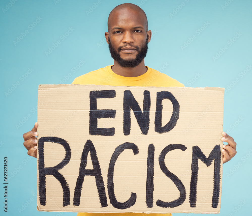 End racism poster, black man and protest isolated on blue background ...
