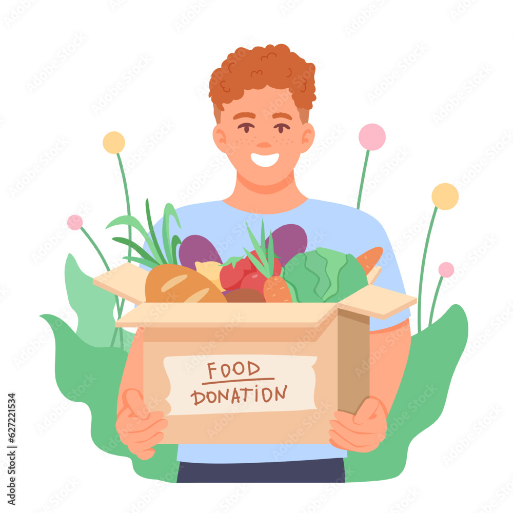 Man holding box with food donation, ready to help people in need. Help ...