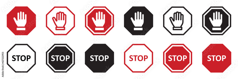 Set of red STOP signs. Stop hand, warning stop icons. Human palm ...