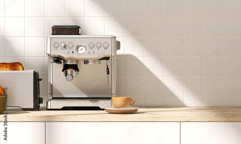 Modern silver professional espresso coffee maker machine, toaster with ...