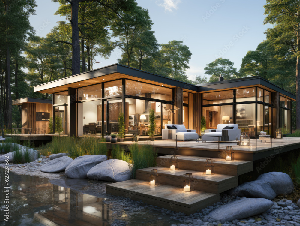 With a flat roof and light-colored exterior, this modular house ...