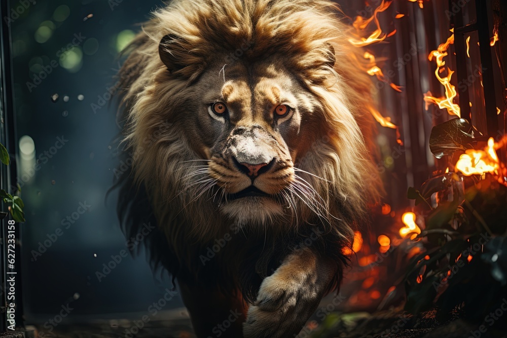 Lion in the zoo, trying to escape by climbing over the fence, but the ...