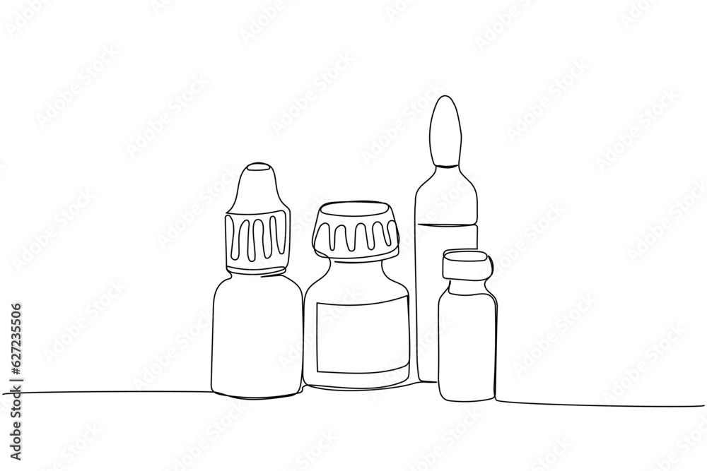 Medicine ampoules, serum, vaccine, glucose, spray, oil one line art ...