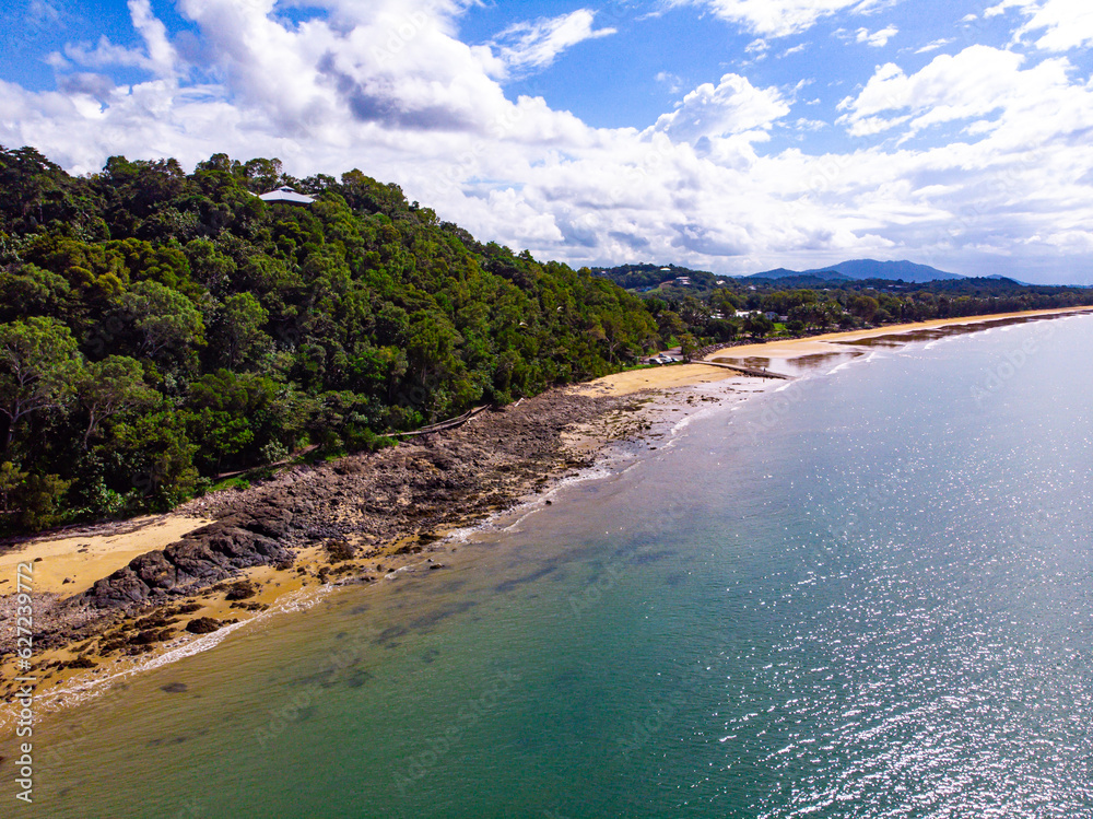 aerial drone panorama of beautiful south mission beach, turtle bay ...