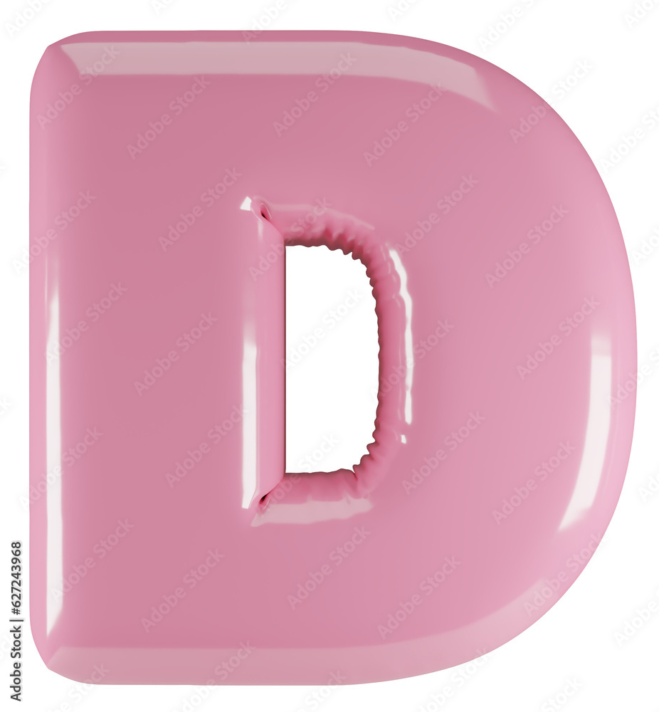 Inflated glossy pink letter D uppercase illustration. 3D render of ...