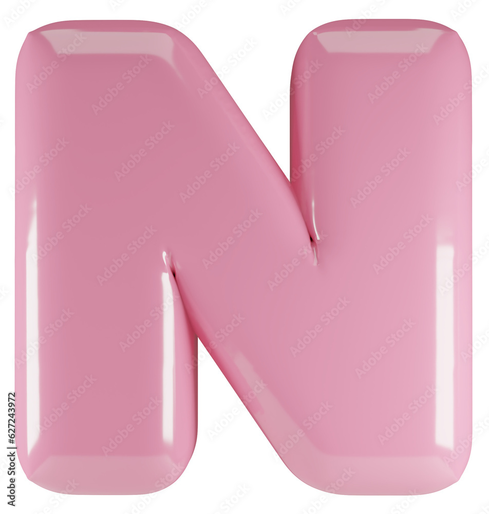 Inflated glossy pink letter N uppercase illustration. 3D render of latex bubble font with glint ...