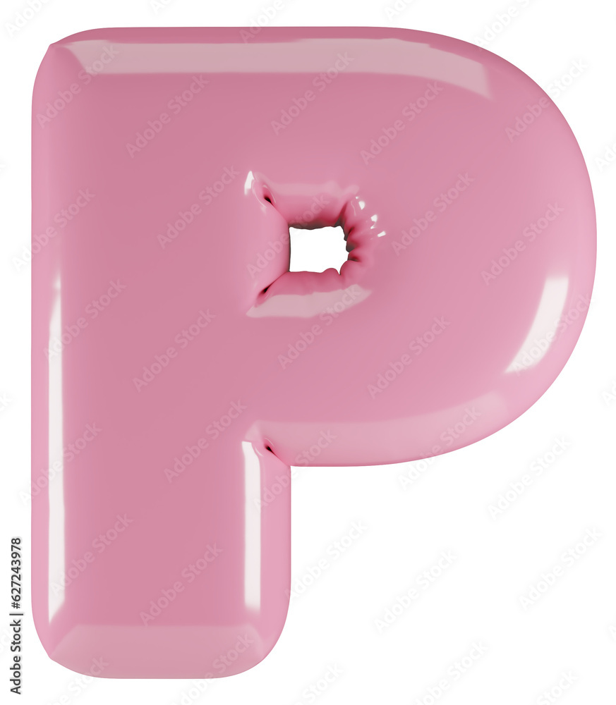 Inflated glossy pink letter P uppercase illustration. 3D render of latex bubble font with glint ...