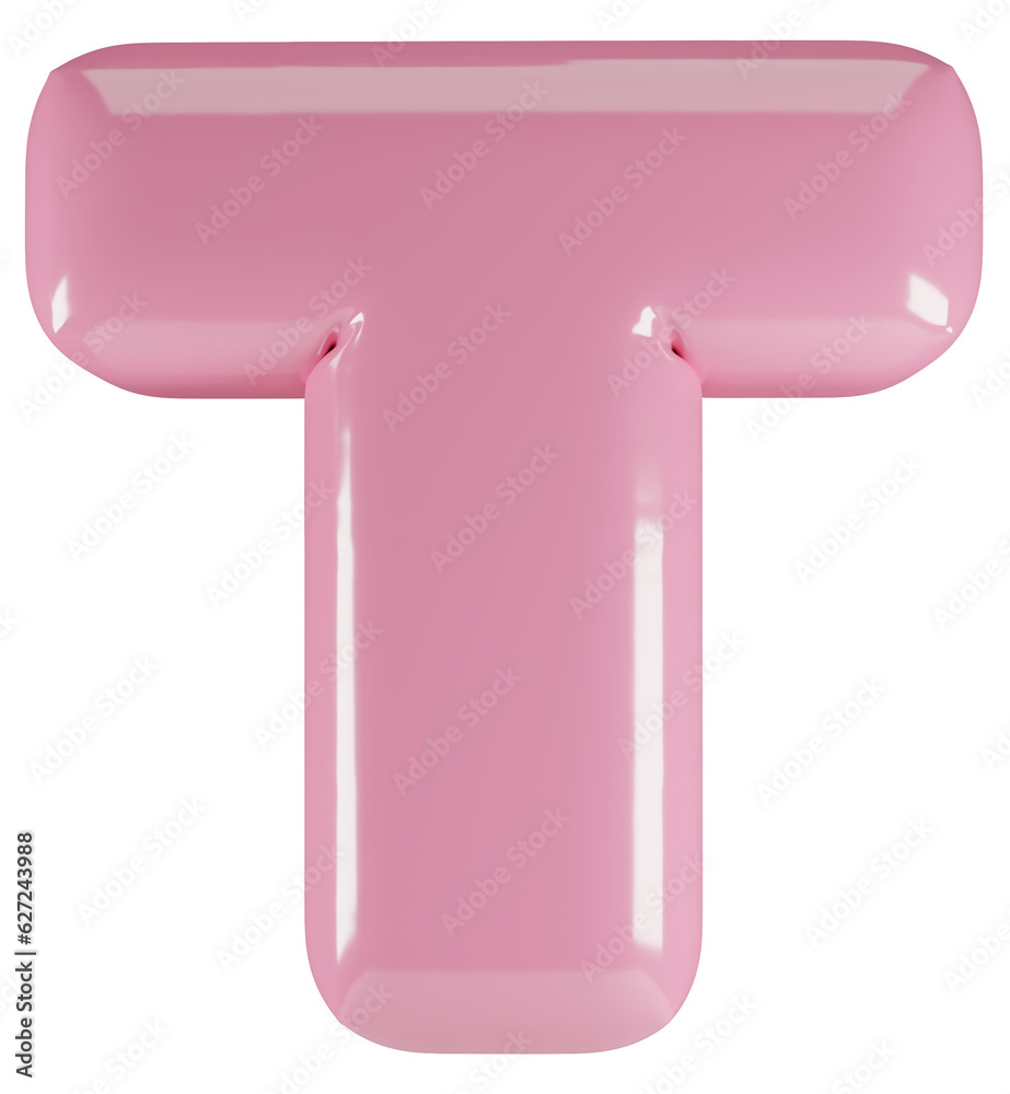 Inflated glossy pink letter T uppercase illustration. 3D render of ...