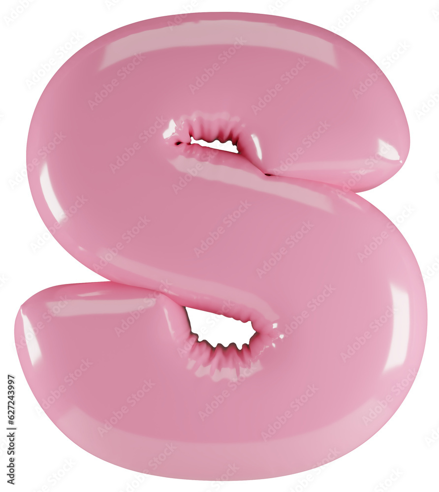 Inflated glossy pink letter S uppercase illustration. 3D render of ...