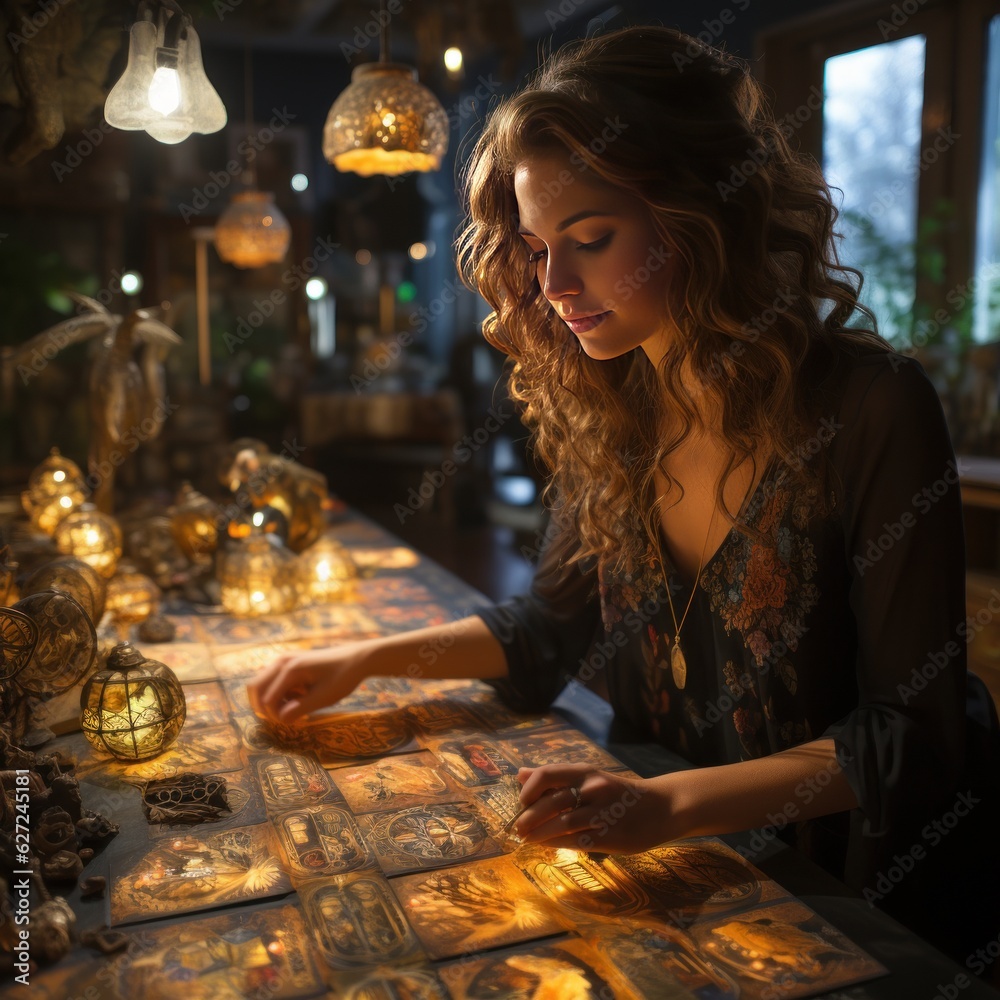 beautiful young woman tarot fortune teller in a fortune telling ...