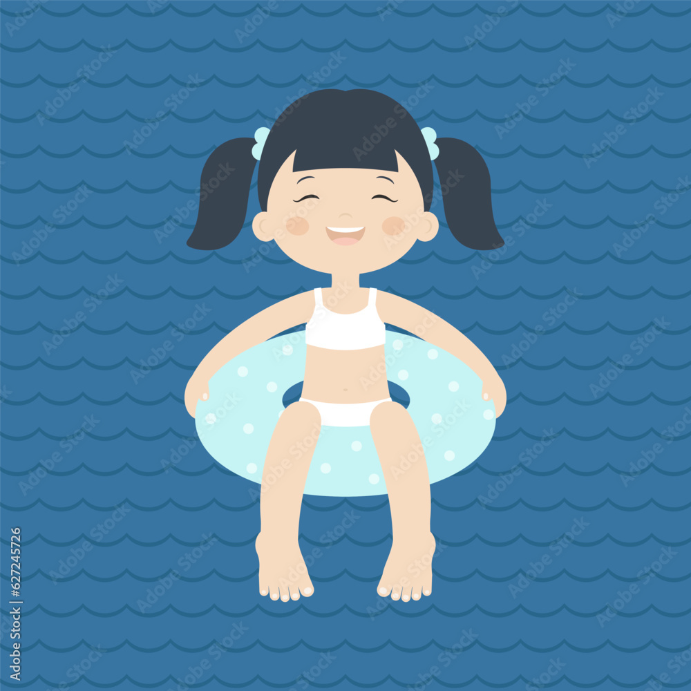 Summer fun. Happy little girl swimming on an inflatable lap in the ...