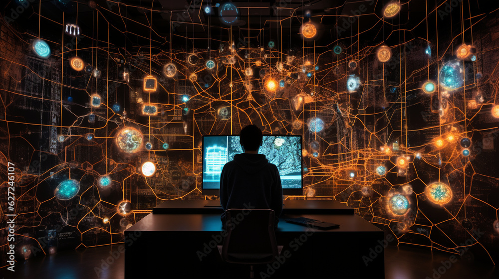 An immersive shot of the programmer's back, surrounded by digital art ...