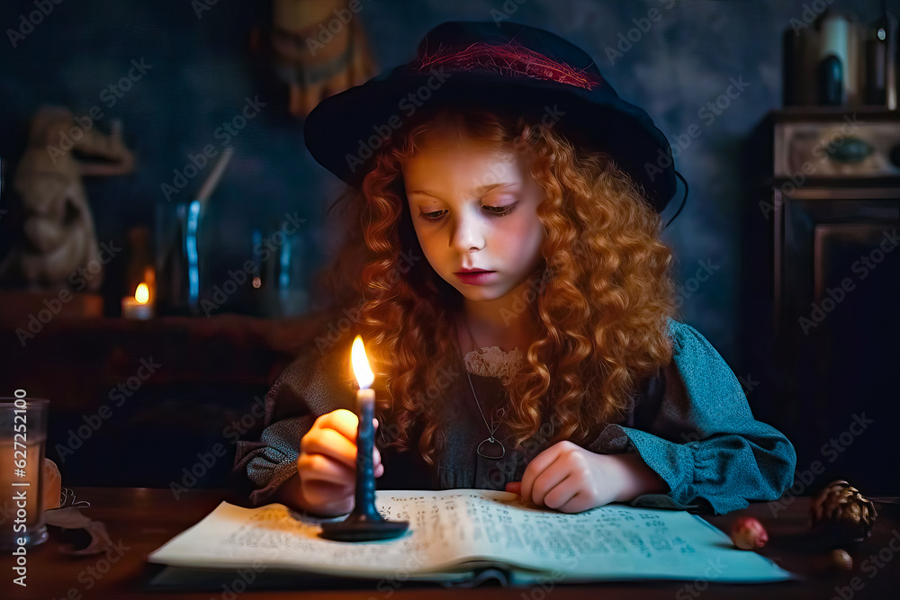 Little girl witch in witches hat with candle makes a spell using magic ...