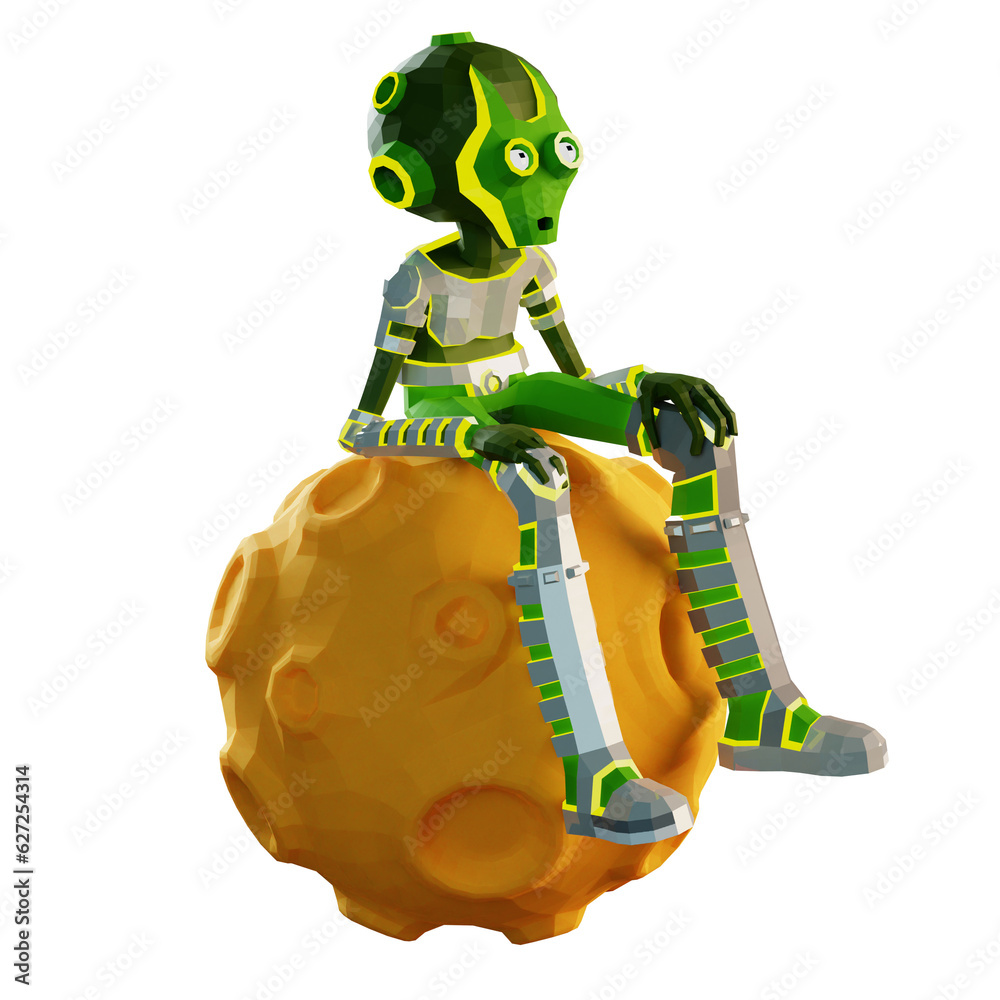 3D green alien is sitting sadly on the moon. Cartoonish alien astronaut ...