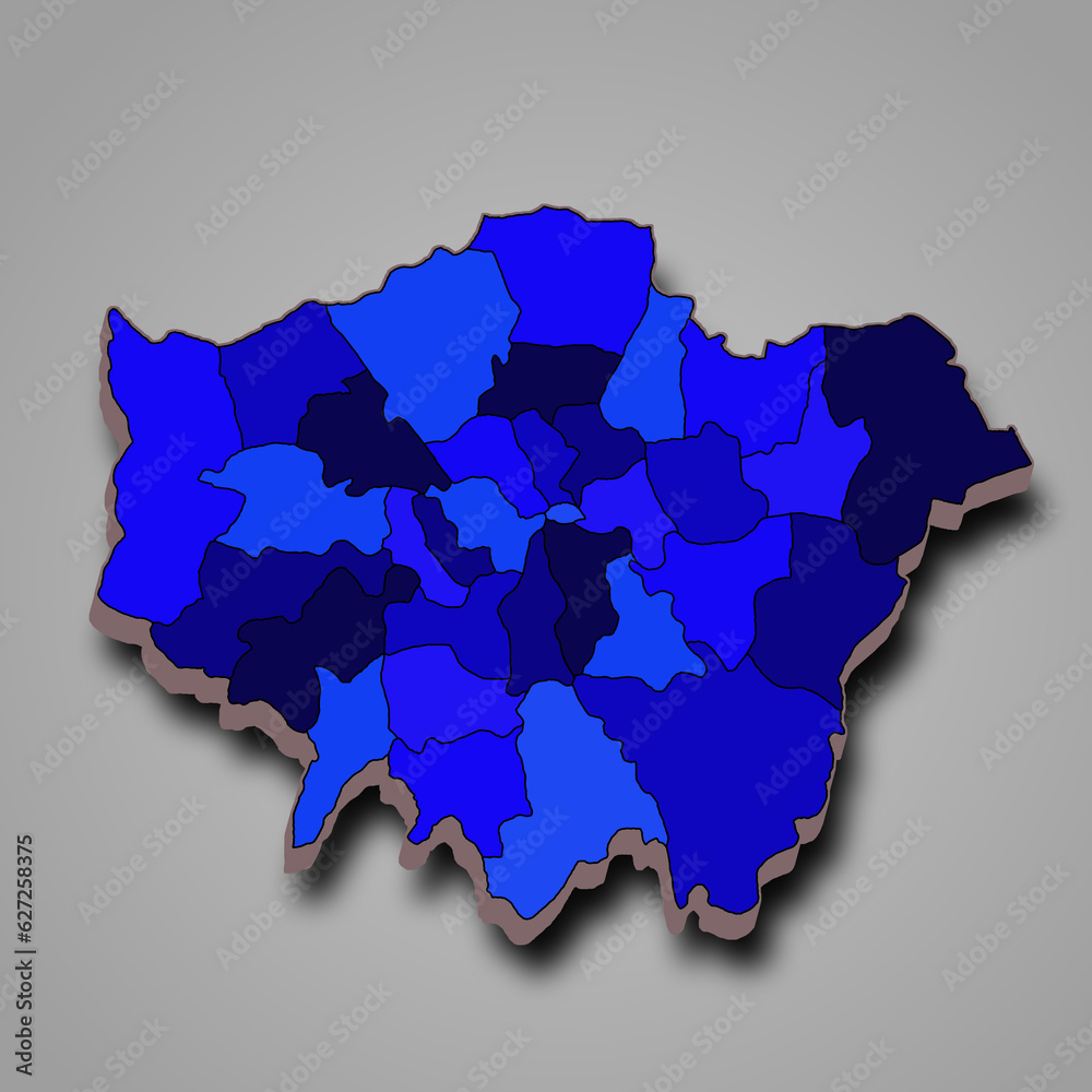 blue 3d Greater London map - boroughs or counties map of capital London ...