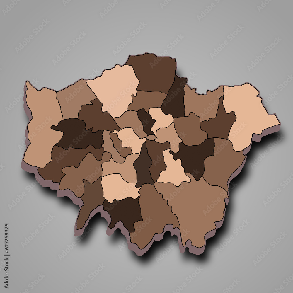 brown 3d Greater London map - boroughs or counties map of capital ...