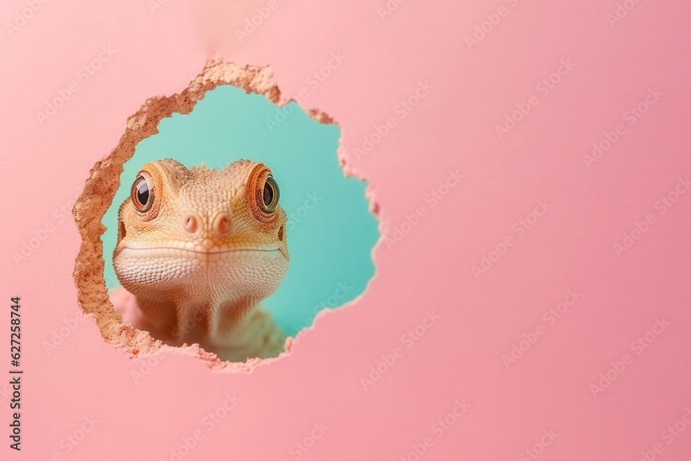 Lizard peeks in surprise through a hole in the paper on a pastel pink ...