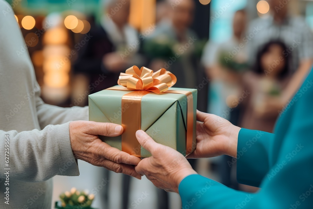 the moment of a gift being handed over during a birthday celebration ...