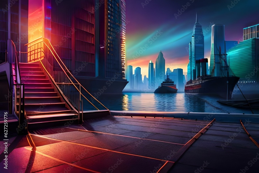 Infernal night, multicolored smoke, neon lighting, futuristic retro ...