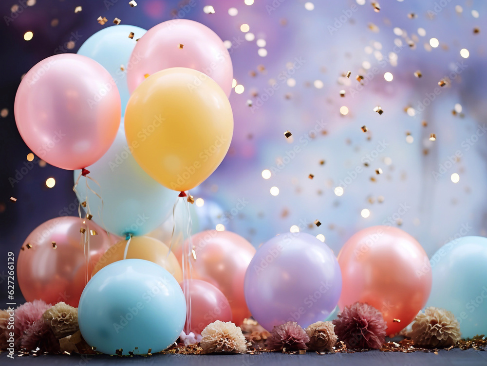 Festive background of balloons, confetti and bokeh for little girls ...