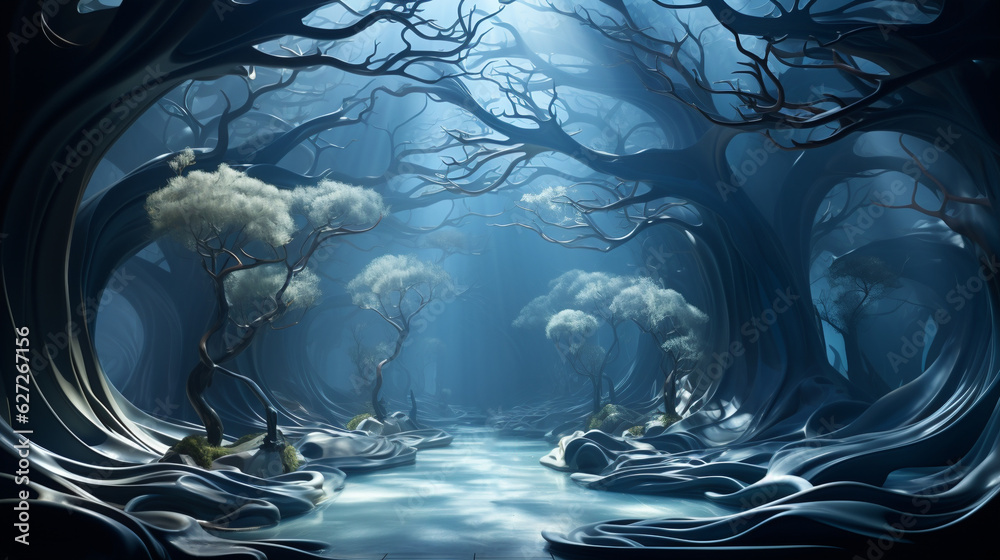 Enchanting Theatrical Stage: Illuminated Trees, Waterfall, and Graceful ...