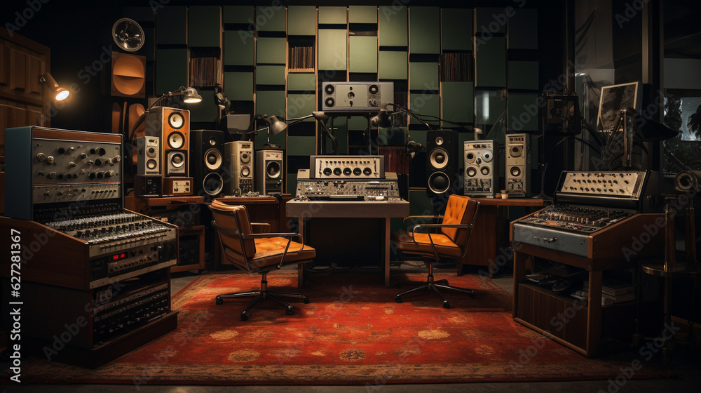 The recording studio setup featuring a vintage tape recorder alongside ...