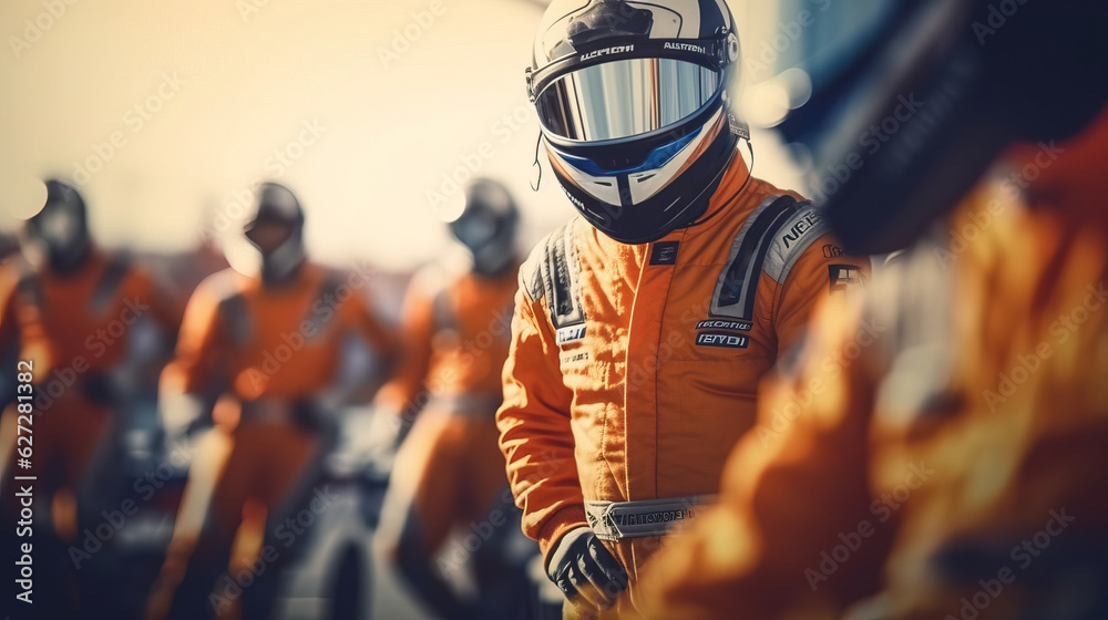 Professional pit crew ready for action as their team's race car arrives ...