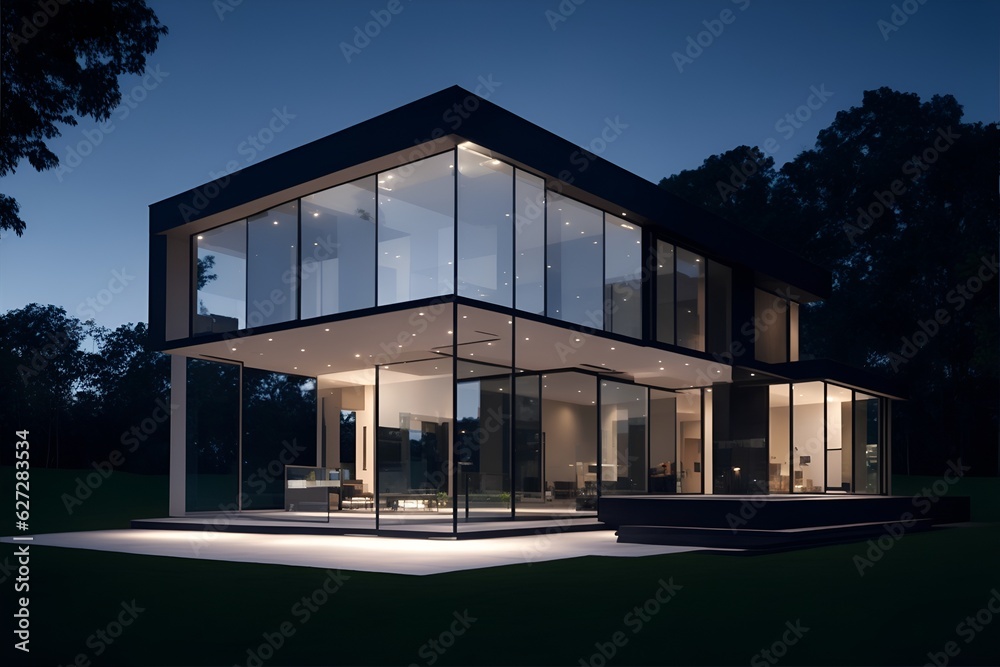 A modern house with a large glass facade is shown at night. The house ...