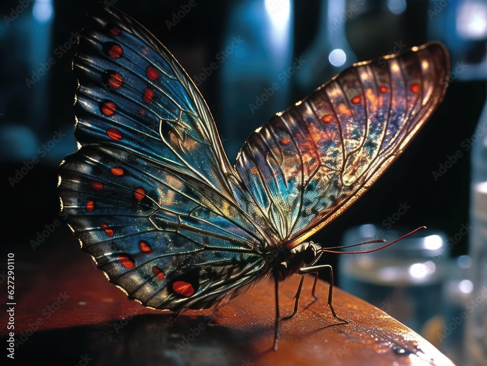 The image shows a macro view of a luminescent butterfly made of ...