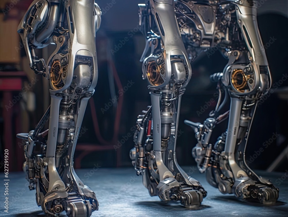 The image depicts a detailed closeup of a pair of cybernetic legs. The ...