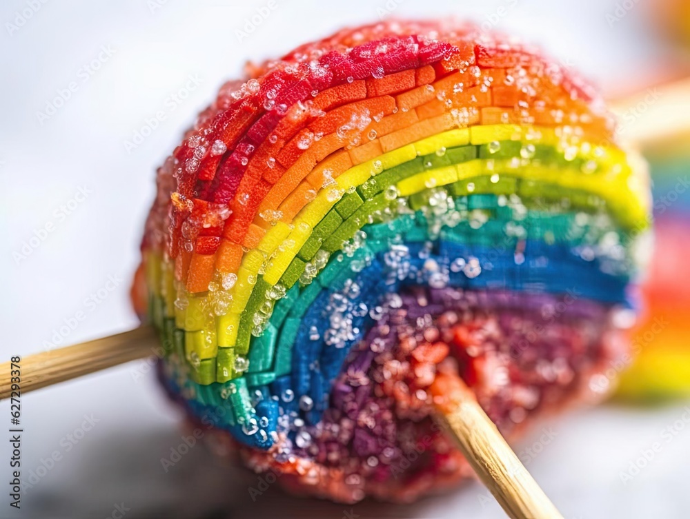 The image displays a bright, rainbow-colored lollipop, with a fun ...