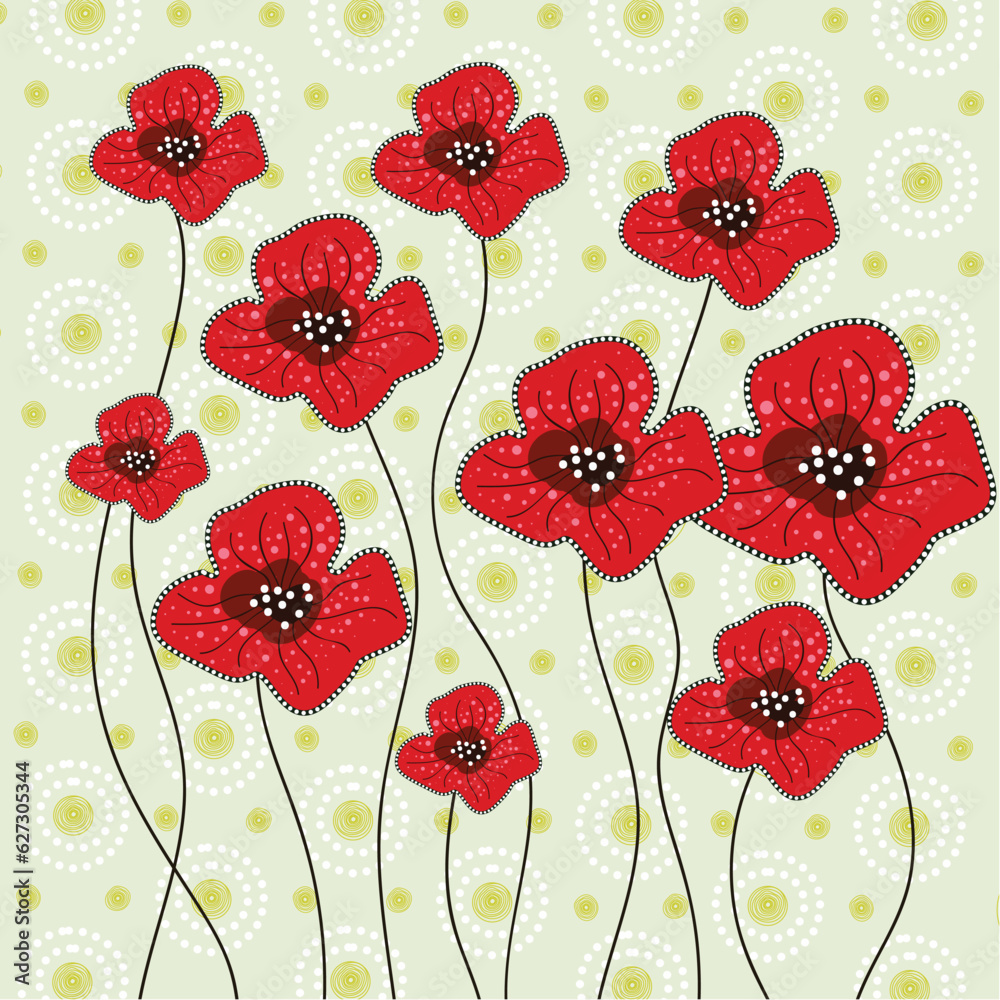 Poppy flowers background in aboriginal dot art style Stock Vector ...