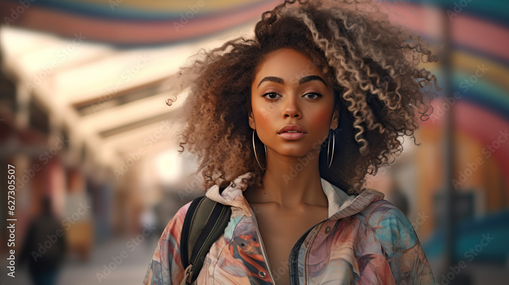 Young Black Woman With Long Frizzy Afro Hair Stylish on Street Alleyway ...