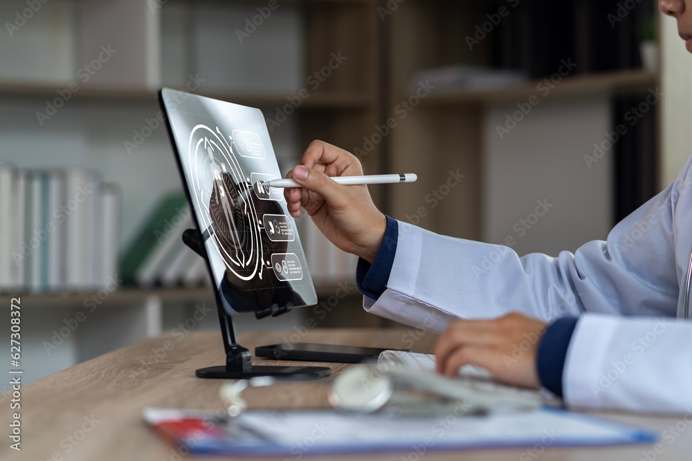 Modern Doctor Examining Results X-Ray on Transparent Monitor Screen ...