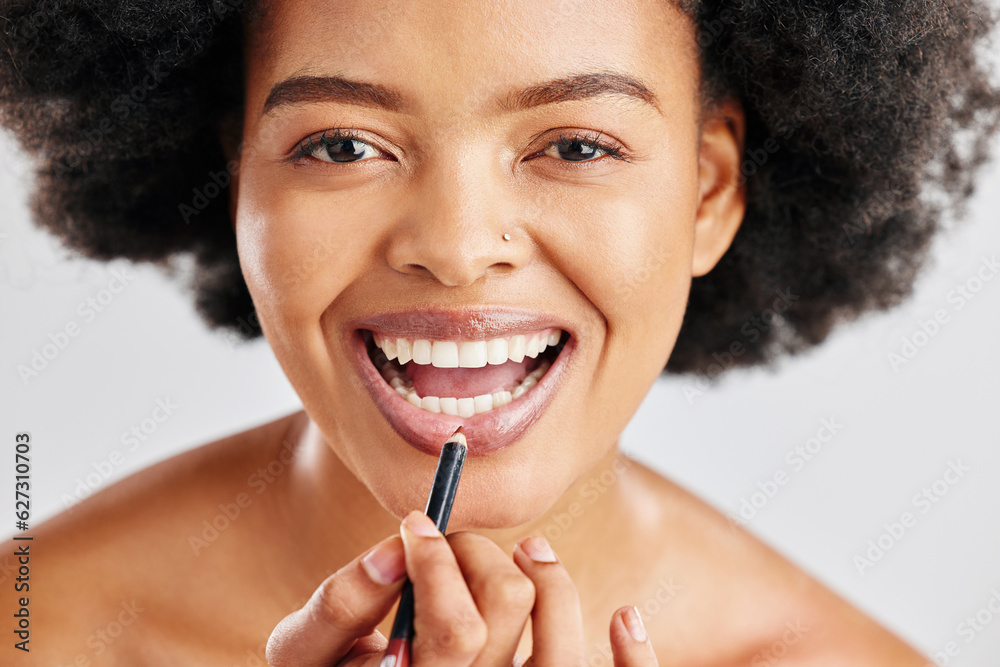 Portrait, woman and lip pencil for makeup, facial skincare and beauty cosmetics in studio. Face ...