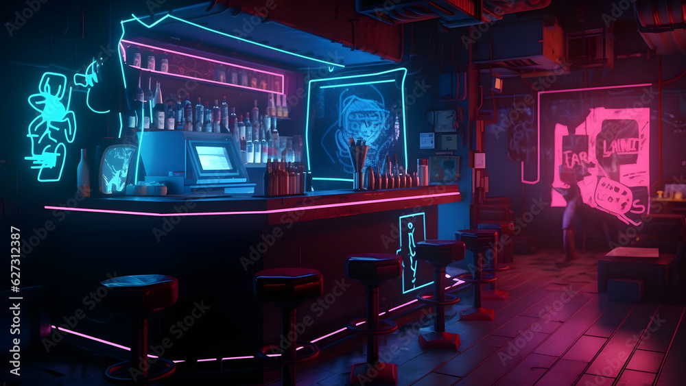 cyberpunk style bar dark interior concept with neon lights, neural ...