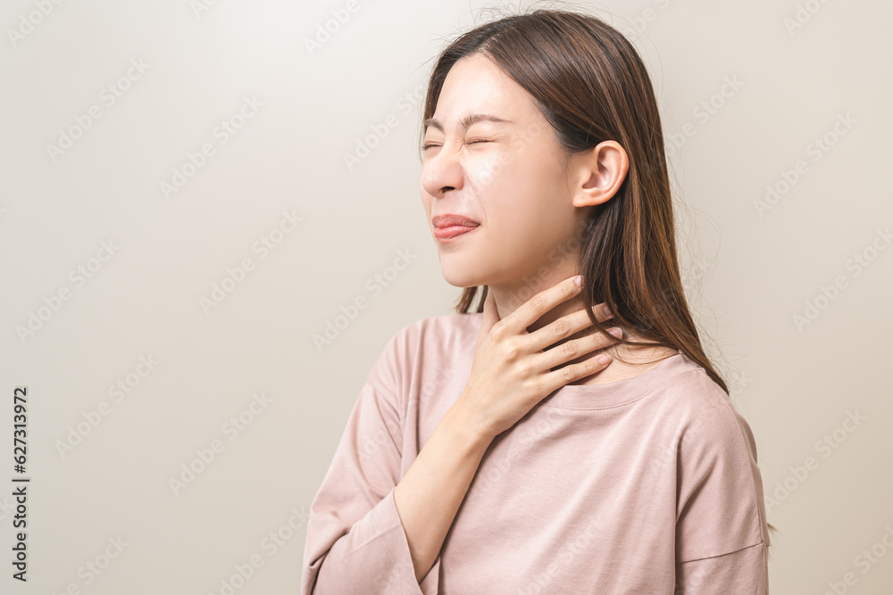 Sickness in inflaming asian young woman, girl use hand check self touch ...