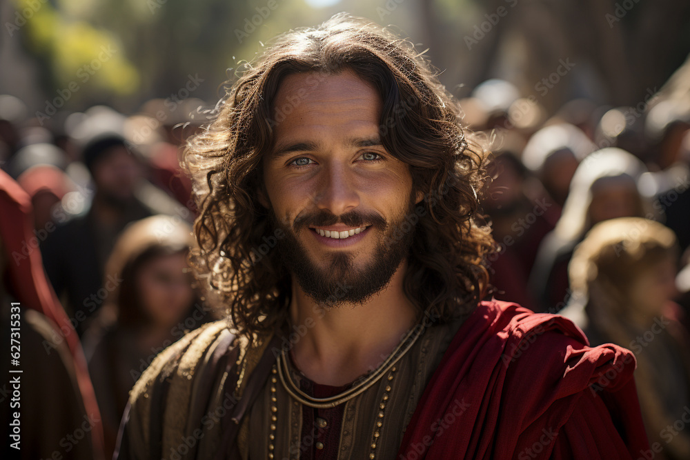 Jesus wearing red sash in the Triumphal Entry into Jerusalem with crowd ...