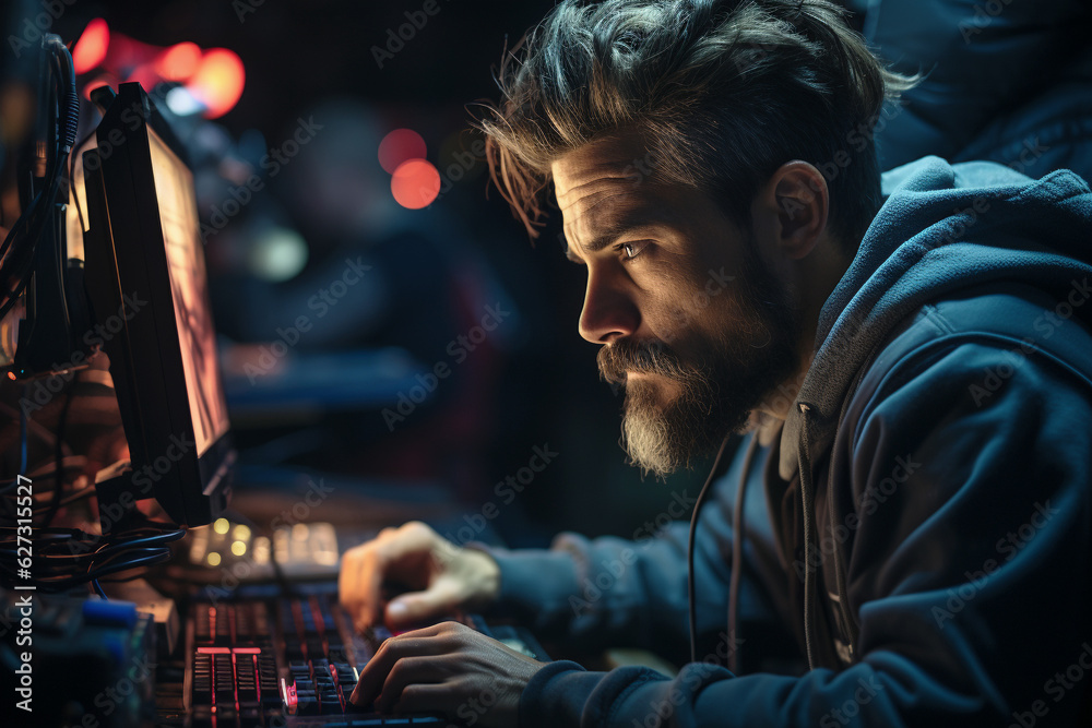 Computer, coding hologram and business man in data analysis, code html ...