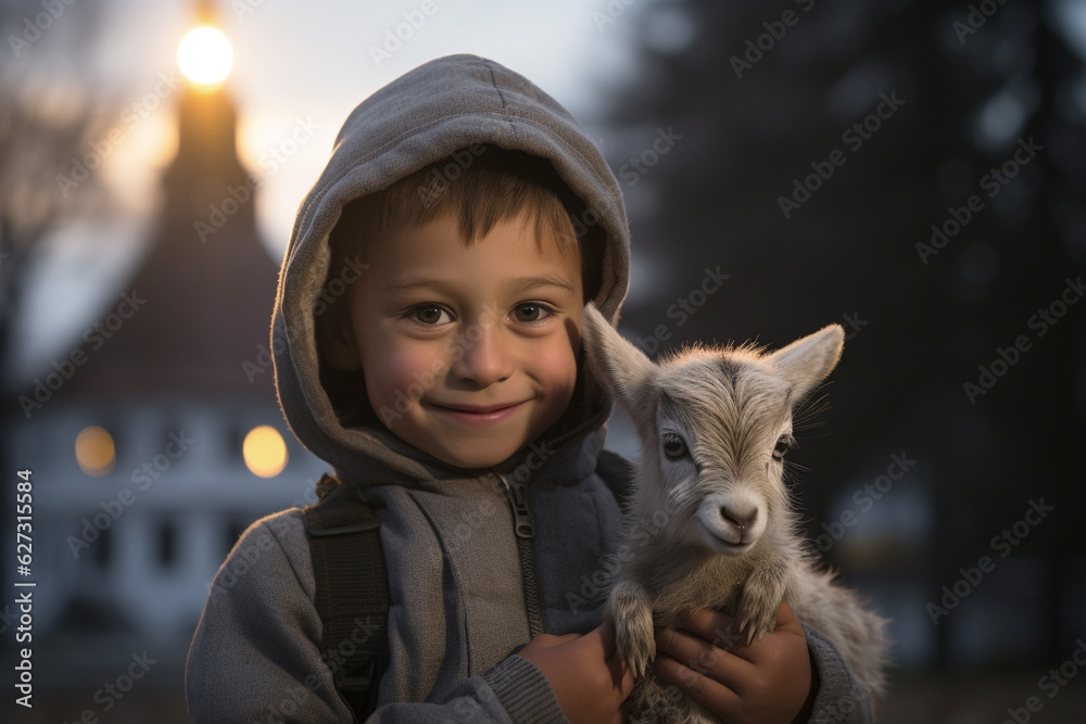 Muslim boy take a goat for sacrifice with bokeh mosque background in ...