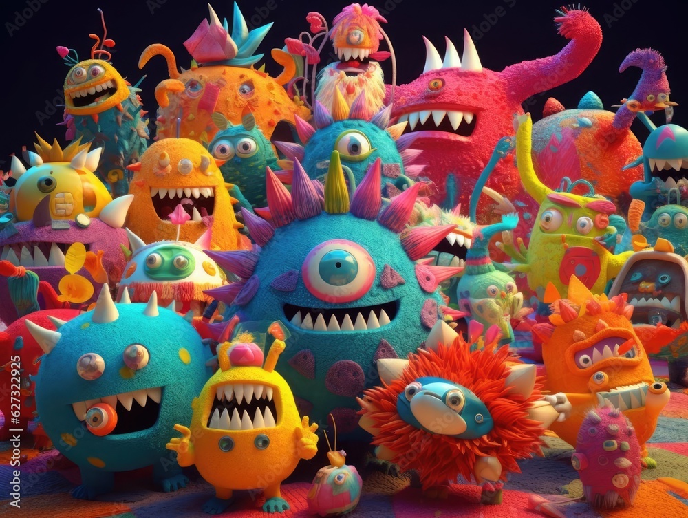 This 3D rendered artwork depicts a collection of unique monsters, each ...