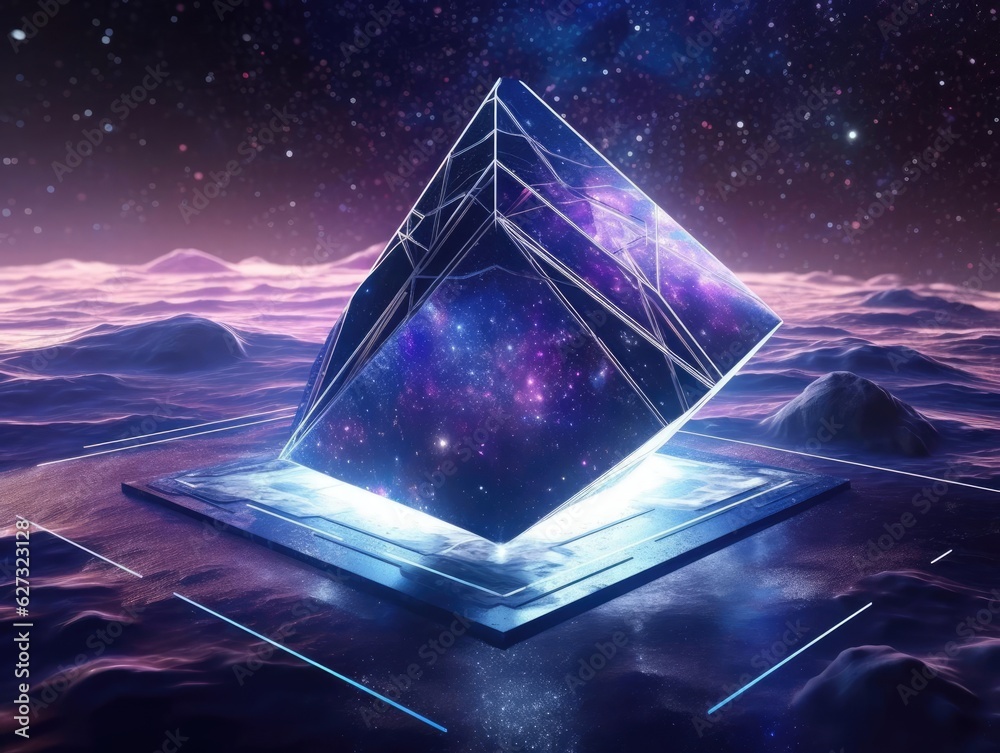 The image depicts a stunning 3D render of a holographic pyramid set ...