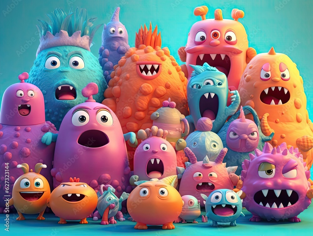 The image features a colorful cluster of 3D-rendered squishy monsters ...