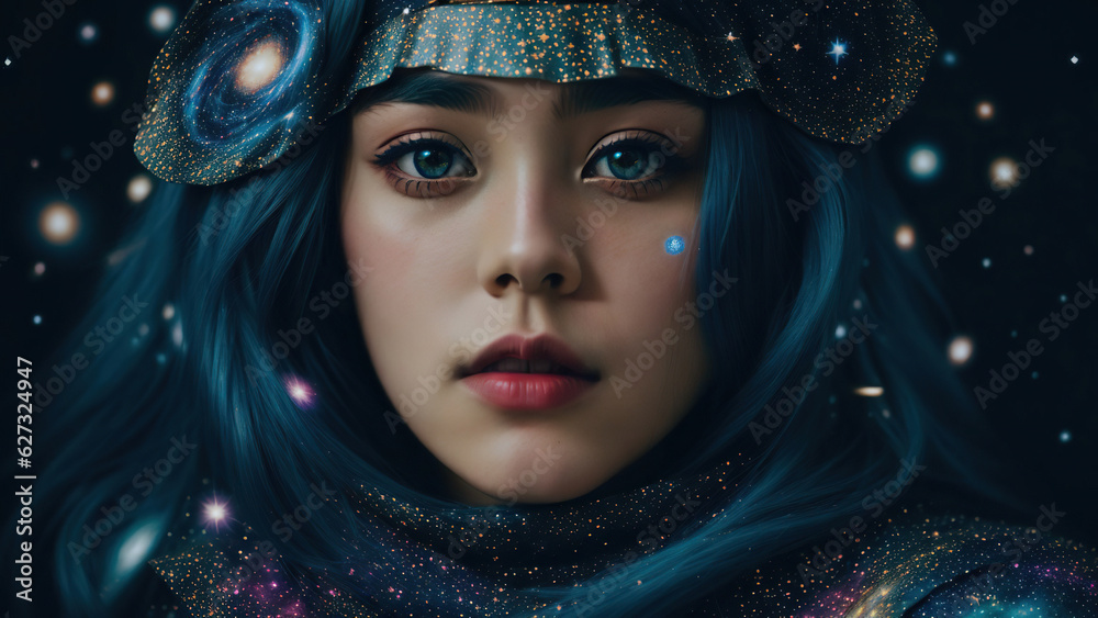 Cosmic Goddess: a girl as a cosmic deity, with galaxies swirling in her ...